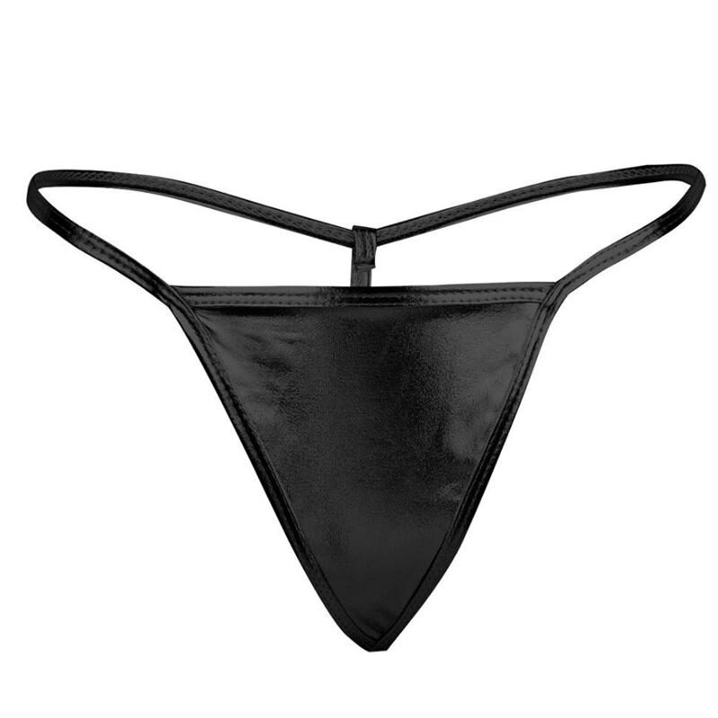 Hilo Negro Tanga Color Sólido Micro Bikini Ropa Interior Tipo Cuero Mini Lencería Braguitas Sexy